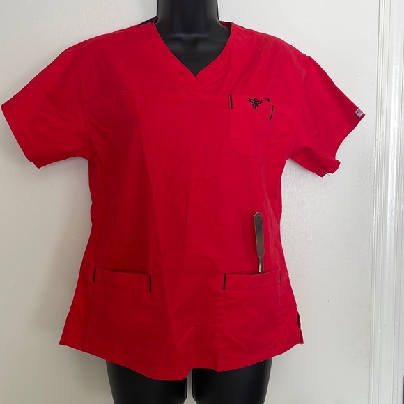 Med Couture | Other | Vibrant Red Scrub Top Black Accent | Poshmark